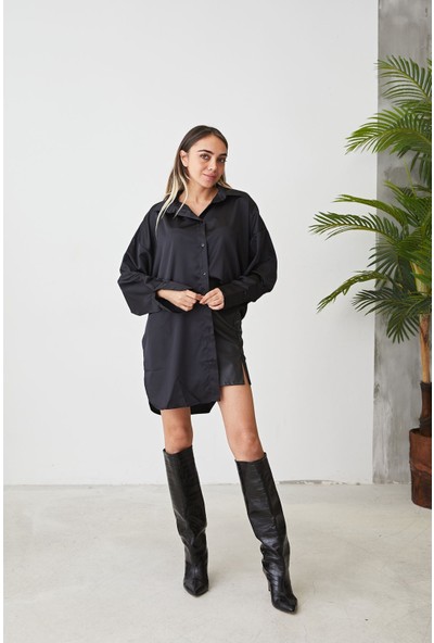 Femina Ocean Oversize Saten Gömlek-Koyu Siyah