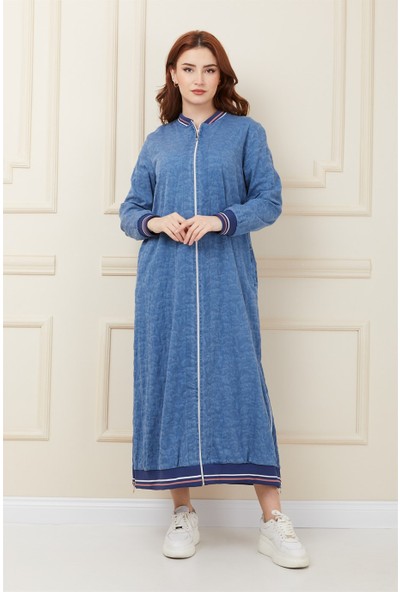 Olcay Ribana Detaylı Kendinden Desenli Astarsız Denim Kap Mavi 6374