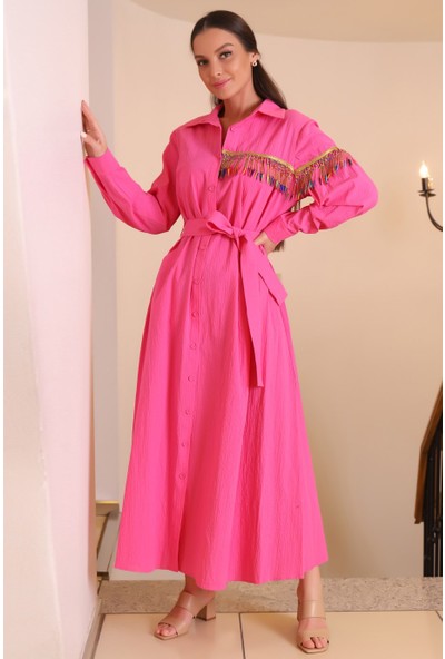 Önü Işlemeli Gömlek Yaka Kadın Elbise 25040-2Y2