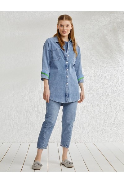 Çift Cepli Denim Kadın Ceket 13022-2Y2