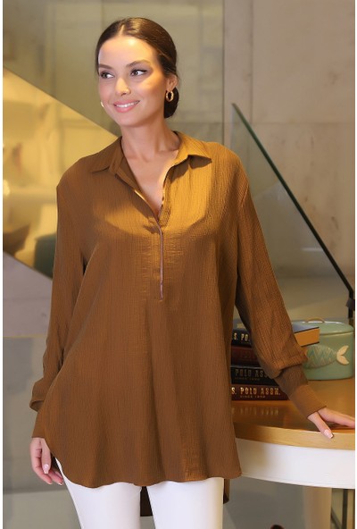 Uzun Kollu V Yakalı Kadın Gömlek 50446-2Y2