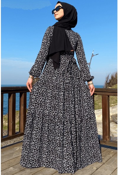 Rabia Şamlı Leopar Desenli Siyah Elbise