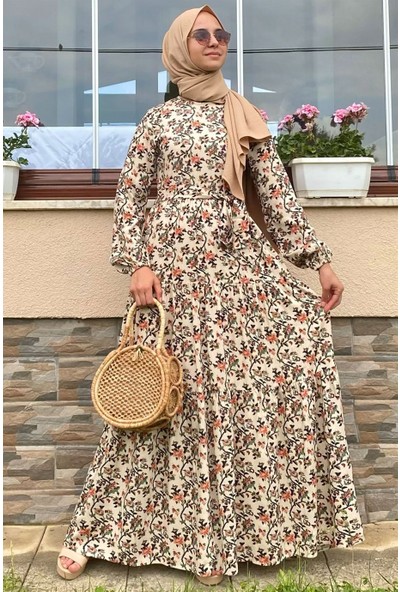 Rabia Şamlı Krem Çiçekli Elbise