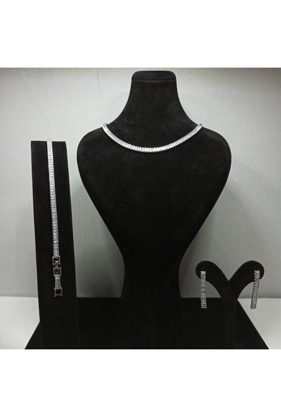 Massina 4mm Gümüş Kaplama Zirkon Taşlı Baget Kadın Su Yolu Set (Kolye, Bileklik ve Küpe)