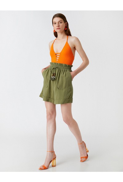 Koton Keten Karışımlı Şort Cepli Beli Bağlamalı