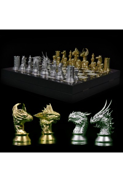 Ejderha Figürlü Büyük Boy Taşlara Sahip Ağır Satranç Taşları ve Sandıklı Satranç Tahtası Ejderha Figürlü Büyük Boy Taşlara Sahip Ağır Satranç Taşları ve Sandıklı Satranç Tahtası