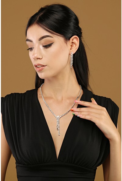 Benim Takı Aksesuar Zirkon Damla Su Yolu Kolye Küpe Set