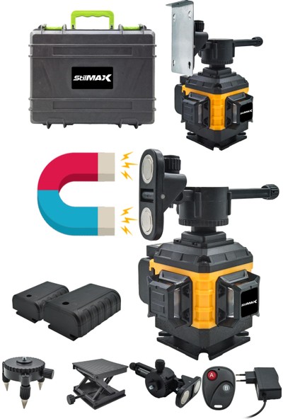 Stilmax Çift Akülü Kumandalı Mıknatıslı Otomatik Hizalama 360° Yatay Dikey Çapraz Lazer Çizgi Çantalı Set Stilmax Çift Akülü Kumandalı Mıknatıslı Otomatik Hizalama 360° Yatay Dikey Çapraz Lazer Çizgi Çantalı Set