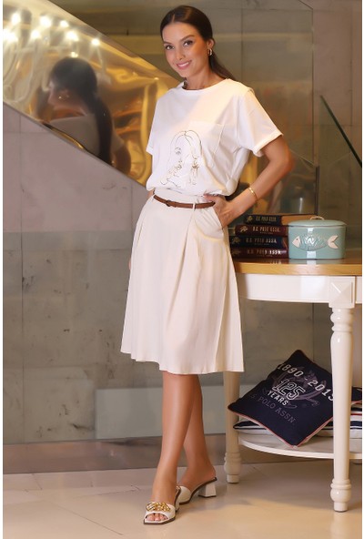 Nazen Giyim Kemerli Kadın Midi Etek 270129-2Y2 Nazen Giyim Kemerli Kadın Midi Etek 270129-2Y2