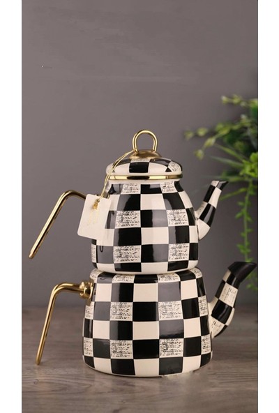 Welance Dama Desenli Orta Boy Emaye Çaydanlık