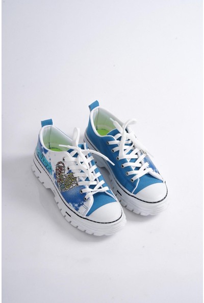 Kadın Mavi Kalp Detaylı Keten Sneaker Kadın Mavi Kalp Detaylı Keten Sneaker