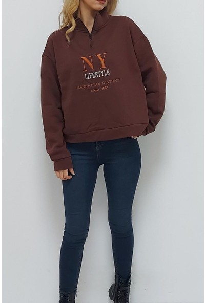Ny Nakışlı Üç Iplik Içi Pamuk Yakası Fermuarlı Sweatshirt Kiremit Ny Nakışlı Üç Iplik Içi Pamuk Yakası Fermuarlı Sweatshirt Kiremit