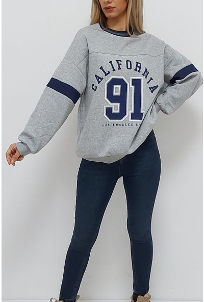 California Baskılı Kolej Yaka Oversize Içi Tüylü Sweatshirt Gri