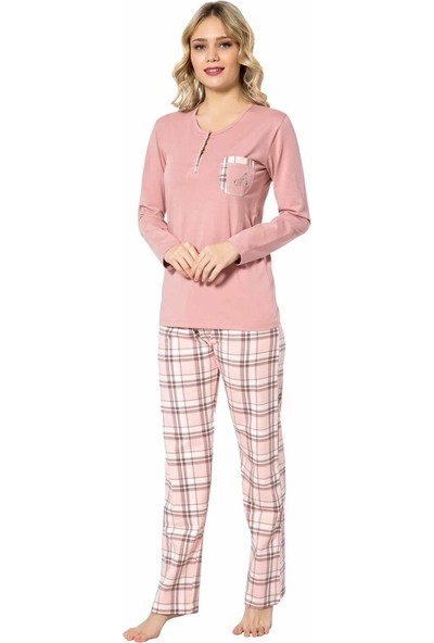 Alimer Pudra Kareli Cepli Uzun Kol Penye Bayan Pijama Takımı 2404UK Alimer Pudra Kareli Cepli Uzun Kol Penye Bayan Pijama Takımı 2404UK