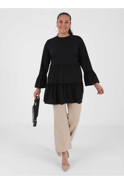 Alia Büyük Beden Fırfırlı Dokuma Tunik - Siyah - Alia