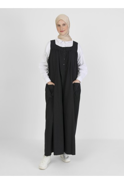 Benin Düğme Detaylı Salaş Tulum - Siyah - Benin Benin Düğme Detaylı Salaş Tulum - Siyah - Benin