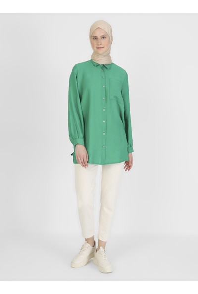 Benin Dokulu Kumaş Cep Detaylı Gömlek - Çimen Yeşili - Benin