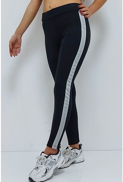 Gri Çizgili Simli Tayt Siyah