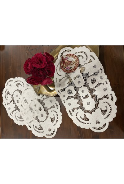 Hane7Hane7 Beyaz Iş Çiçekli 3 Parça Örtü