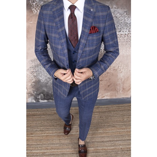 Paco Romano Erkek Slim Fit Sivri Yaka Açık Lacivert Ekose Fiyatı