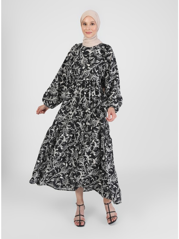 Refka Çiçek Desenli Tesettür Elbise - Siyah - Refka Casual Fiyatı