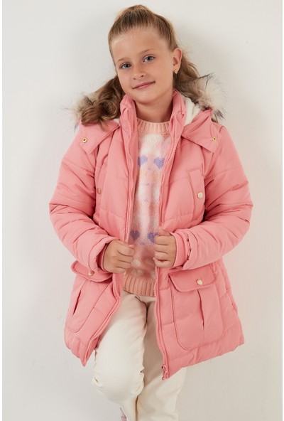 Lela Yakası Suni Kürklü Içi Peluş Astarlı Kapüşonlu Cepli Mont Kız Çocuk Mont 6034040