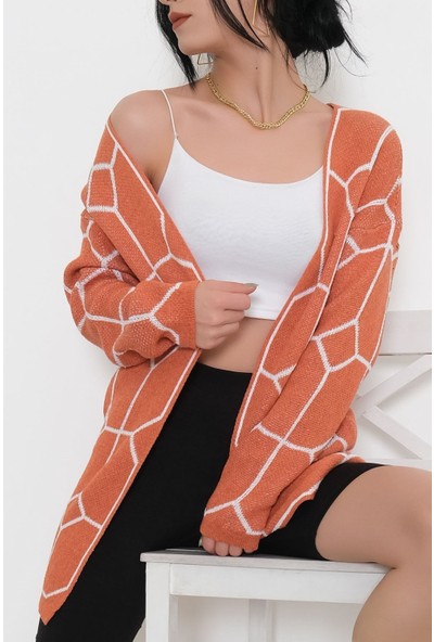 Aliz Moda Altıgen Pike Örgü Hırka Oranj - 9837.1319. Aliz Moda Altıgen Pike Örgü Hırka Oranj - 9837.1319.