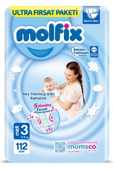 Molfix Bebek Bezi 3 Beden Midi 4-9 kg 112'li Molfix Bebek Bezi 3 Beden Midi 4-9 kg 112'li