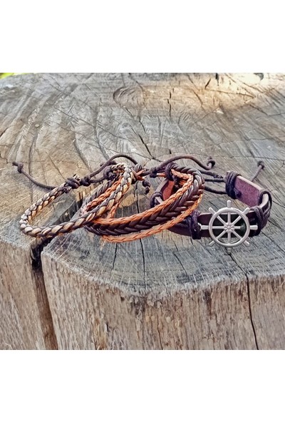 BSN Dümen Figürlü Hakiki Deri Bileklik (3 Parça) BSN Dümen Figürlü Hakiki Deri Bileklik (3 Parça)