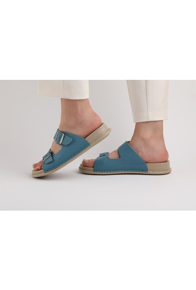 7AdımdaAşk Mavi Kadın Terlik Deri Rahat