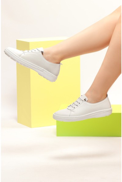 7AdımdaAşk Beyaz Kadın Sneaker Deri Ayakkabı