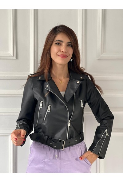 Modamla Aria Siyah Fermuar Detaylı Deri Mont