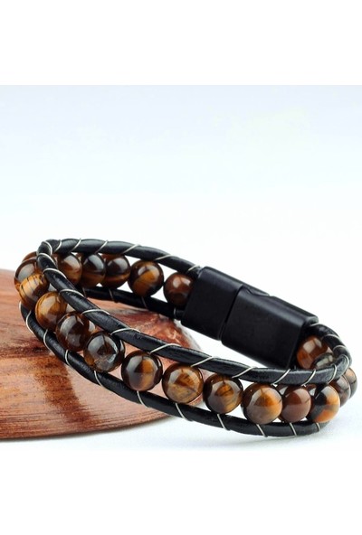 Reggente Kaplan Gözü Doğal Taş Çelik Siyah Deri Bileklik