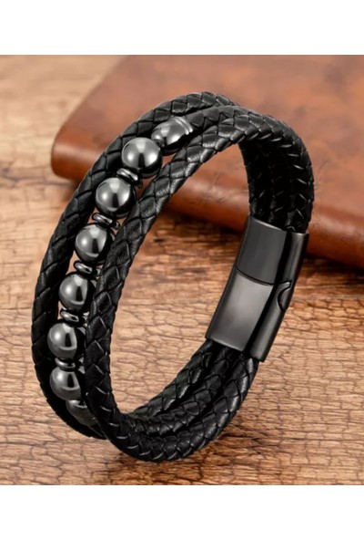 Reggente Hematit Doğal Taş Çelik Siyah Deri Bileklik