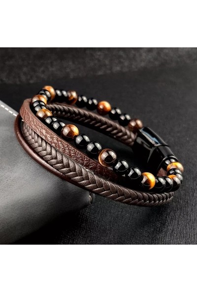 Reggente Kaplan Gözü ve Oniks Doğal Taşlı Çelik Kahverengi Deri Bileklik