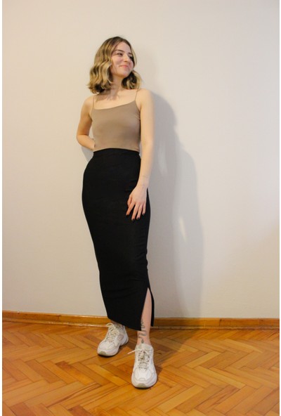 Göksim Giyim Kadın Siyah Uzun Yırtmaçlı Kalem Etek