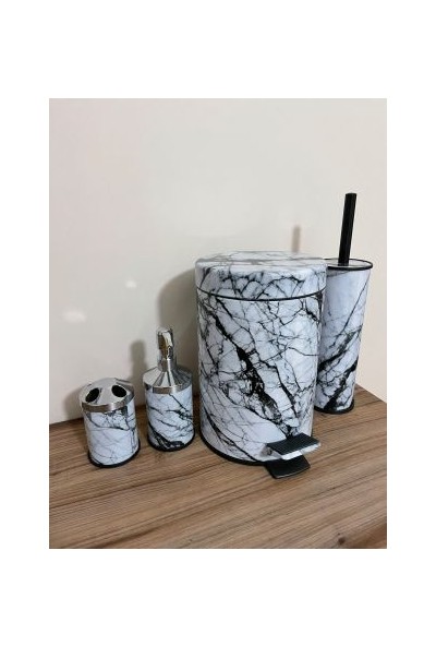 4 Parça Seramik Banyo Seti Beyaz Mermer Desen