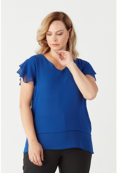 Moda Berray 3249 Omuz Fırfırlı Şifon Büyük Beden Şık Bluz Saks Moda Berray 3249 Omuz Fırfırlı Şifon Büyük Beden Şık Bluz Saks