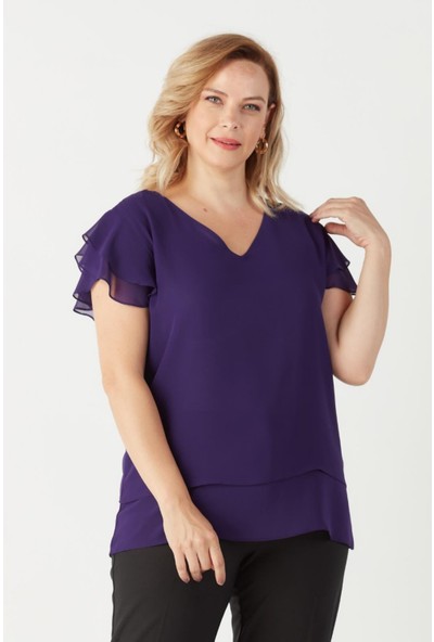 Moda Berray 3249 Omuz Fırfırlı Şifon Büyük Beden Şık Bluz