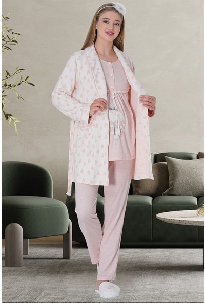 Şık Mecit Pudra Sabahlıklı Hamile Lohusa Pijama Takımı Şık Mecit Pudra Sabahlıklı Hamile Lohusa Pijama Takımı