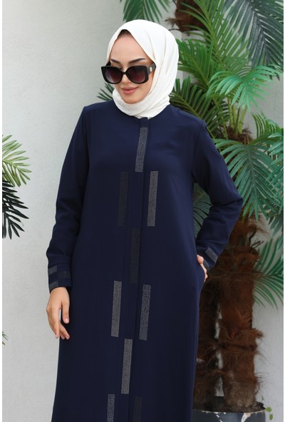 İlkimay Umay Taş Işlemeli Gizli Patlı Fermuarlı Tesettür Ferace 343 - Lacivert