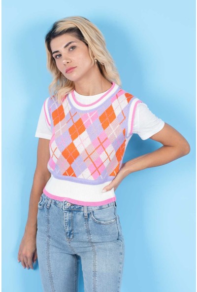 Bisou Kadın Fuşya Baklava Desen Süveter