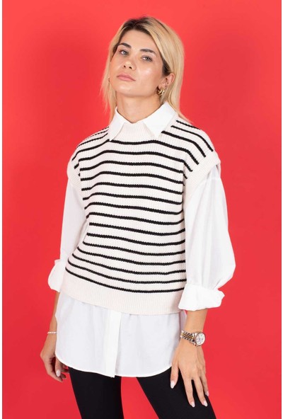 Bisou Kadın Ekru Çizgili Süveter