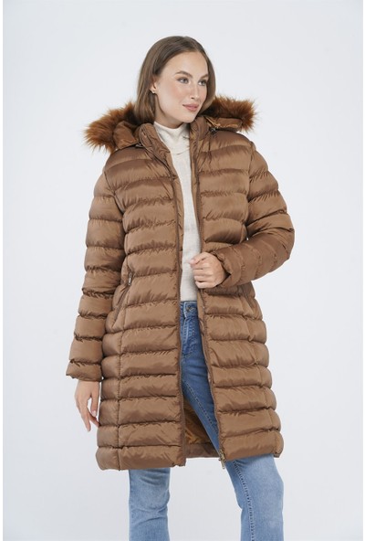 Olcay Çıkabilir Kürklü Kapüşonlu Şişme Mont Taba 6401