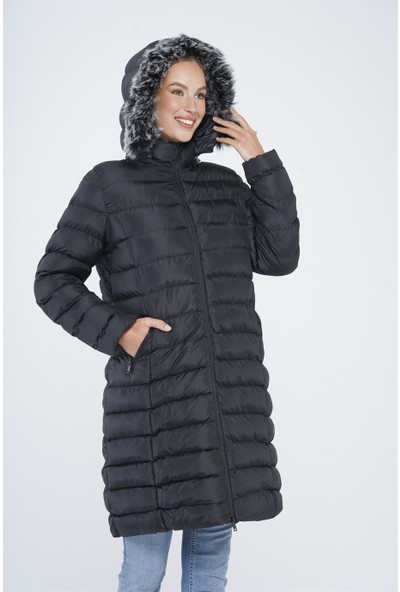 Olcay Çıkabilir Kürklü Kapüşonlu Şişme Mont Siyah 6401