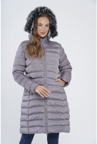 Olcay Çıkabilir Kürklü Kapüşonlu Şişme Mont Gri 6401