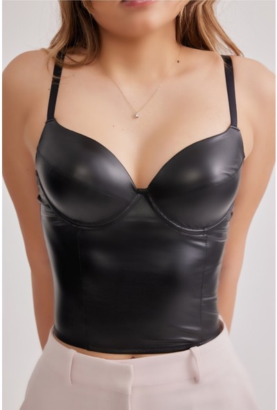 Zag Lingerie Deri Görünümlü Likralı Askılı Crop Top Zag Lingerie Deri Görünümlü Likralı Askılı Crop Top