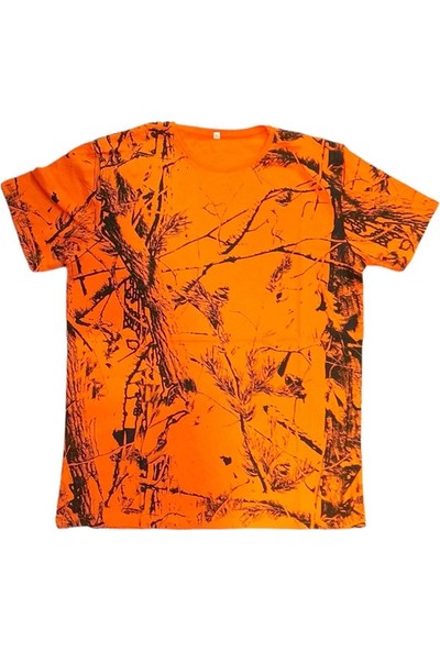 Turuncu Orman Desenli Kısa Kol Yuvarlak Yaka T-Shirt - M