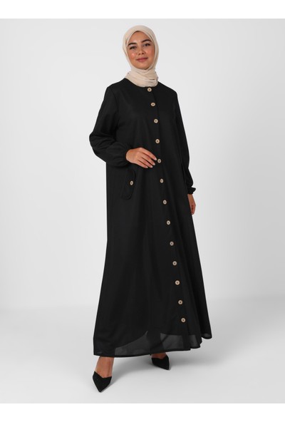Tam Boy Düğme Detaylı Abaya Ferace Kap - Siyah -Tavin