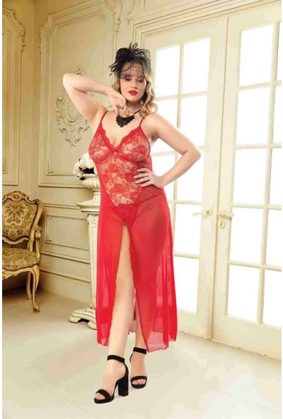 Bella Notte Büyük Beden Kırmızı Uzun Yırtmaçlı Seksi tül Gecelik 1505 Bella Notte Büyük Beden Kırmızı Uzun Yırtmaçlı Seksi tül Gecelik 1505
